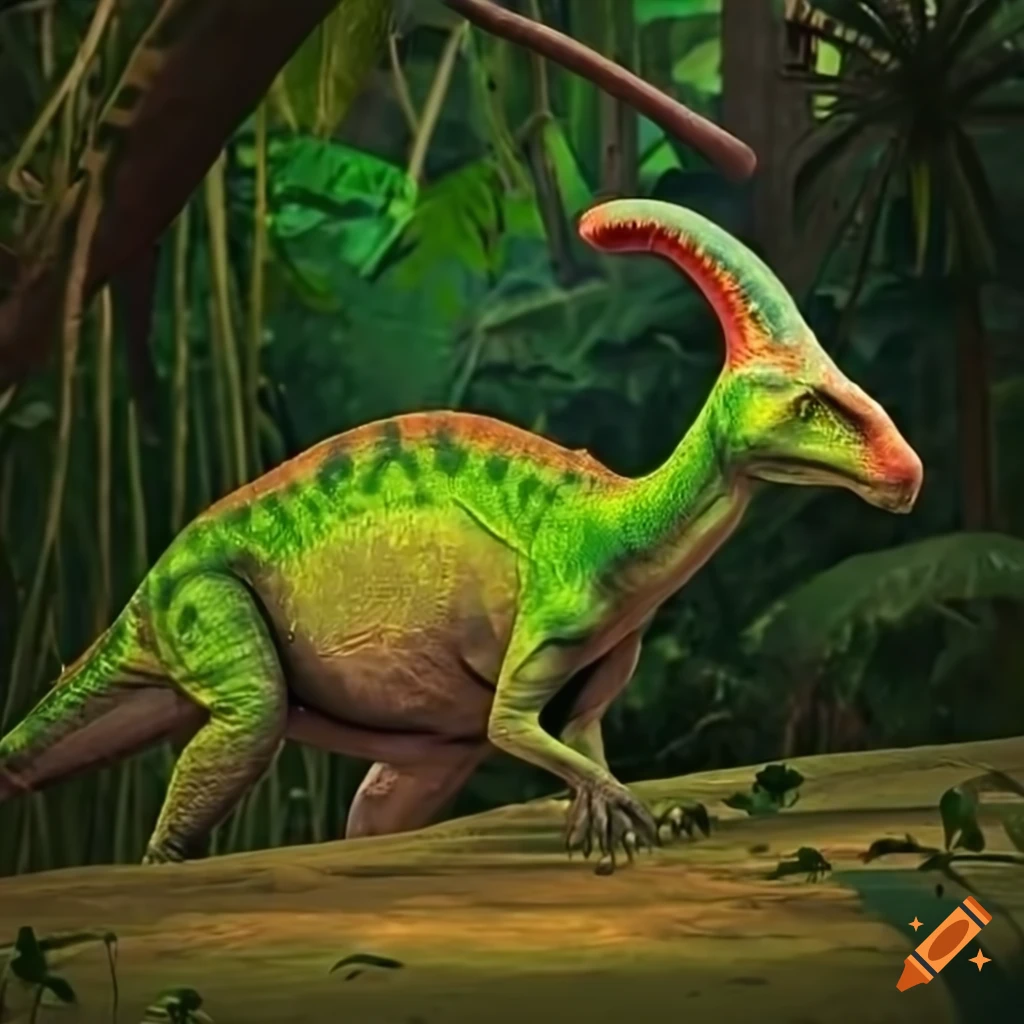 Green parasaurolophus in a lush tropical forest on Craiyon