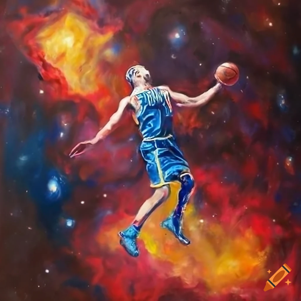 Oil painting of a basketball player dunking in a nebula explosion on ...
