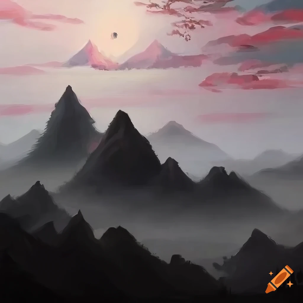 Oil painting of mountains in the fog