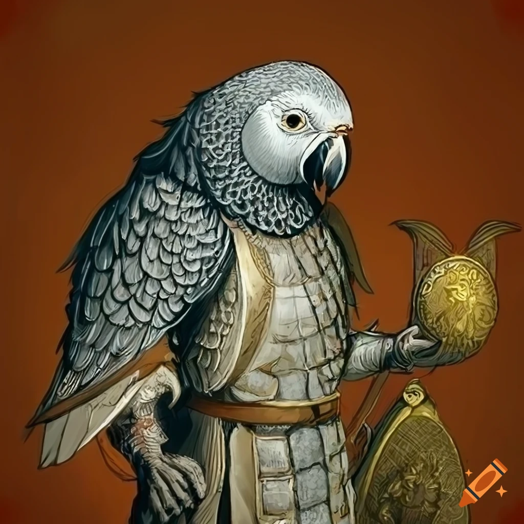 Detailed illustration of an anthropomorphic parrot in cleric attire on ...