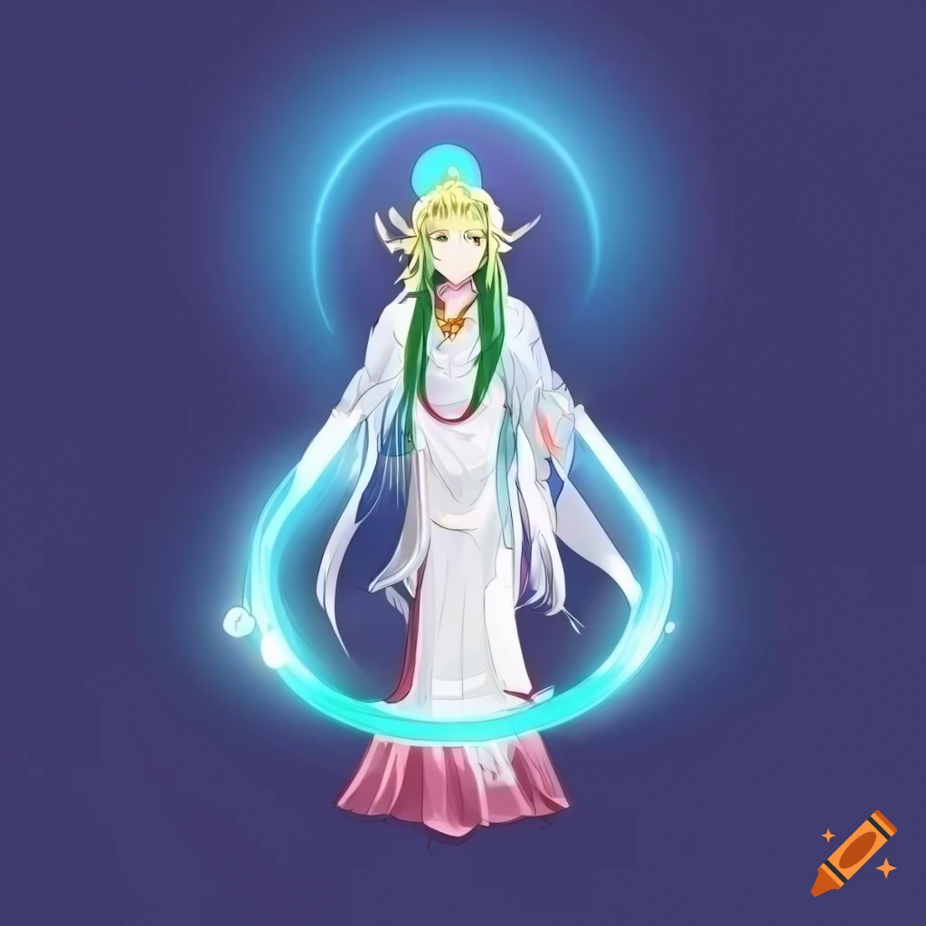 Illustration of a divine anime girl with white robe and halo on Craiyon