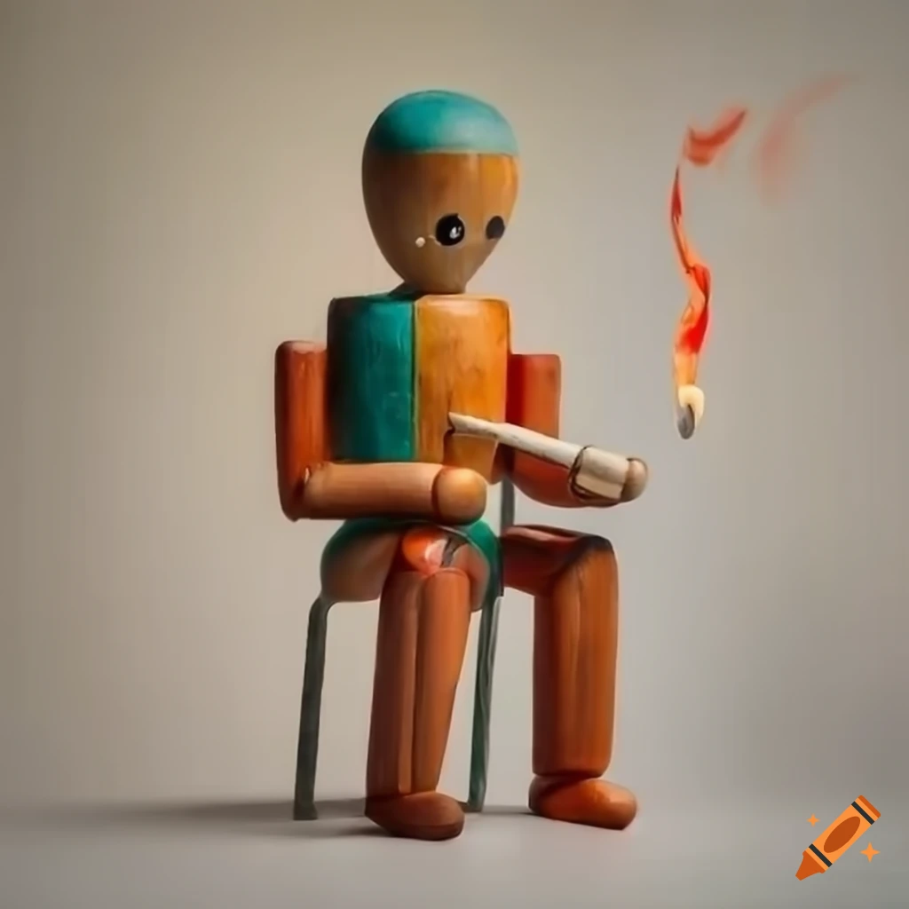 Painted wooden toy of a man smoking while using a computer on Craiyon