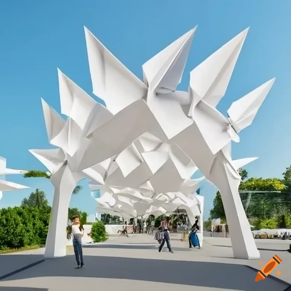 White origami-like architectural structure in a city on Craiyon