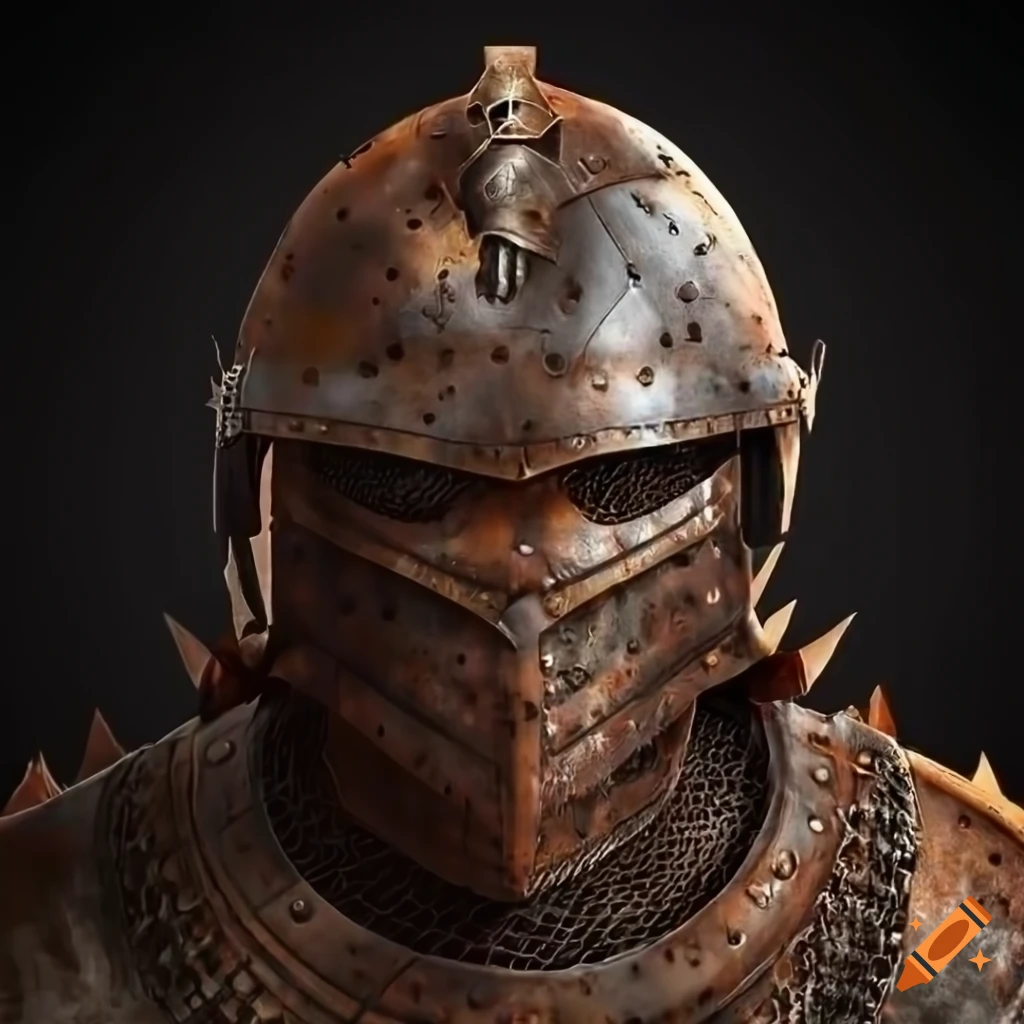 Photorealistic depiction of a rusty robot knight barbarian in spiked armor on Craiyon