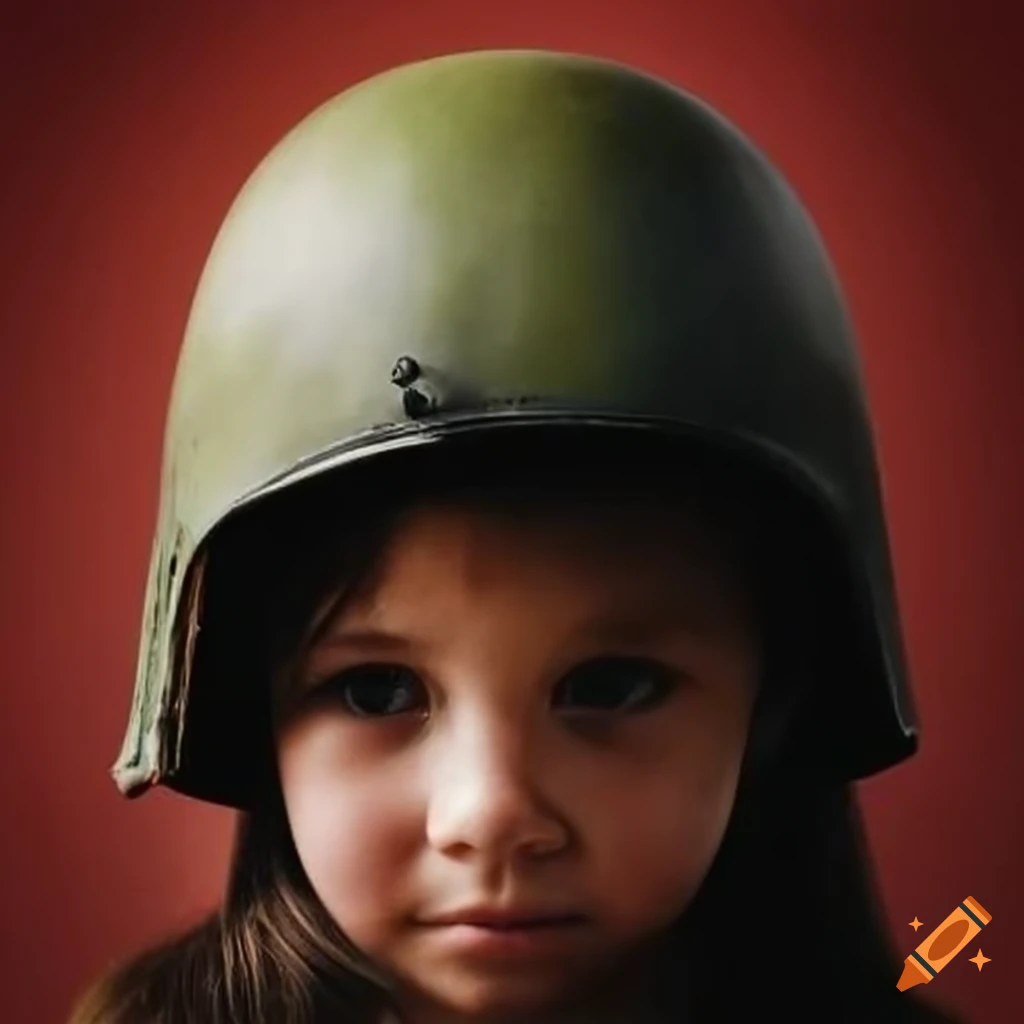 Helmet worn by a child during war on Craiyon