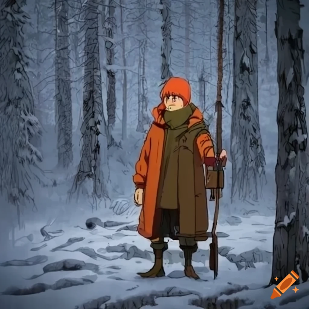 "Studio Ghibli" winter forest scene with a hunter on Craiyon