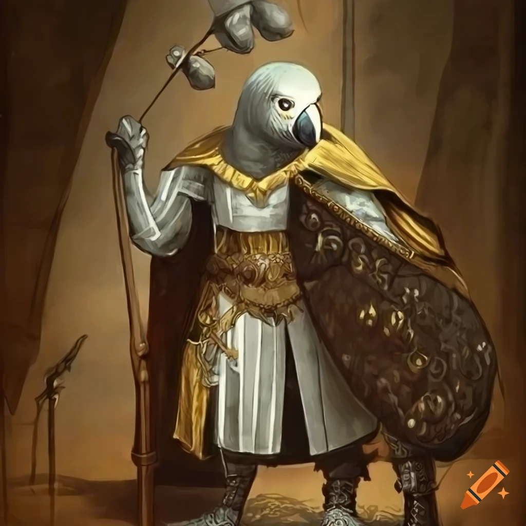 Illustration of an anthropomorphic parrot in cleric attire on Craiyon