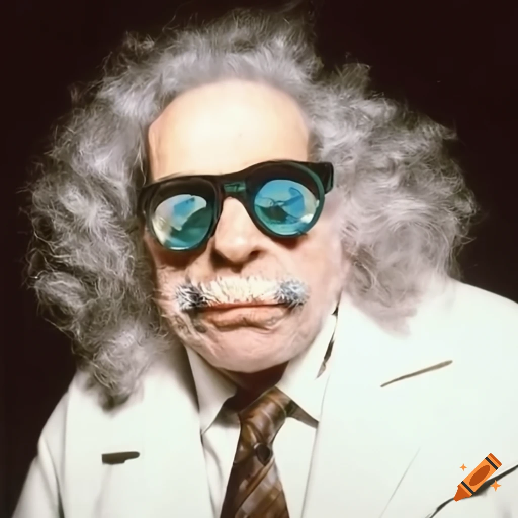 Vintage mad scientist with bushy white mustache and circular sunglasses ...