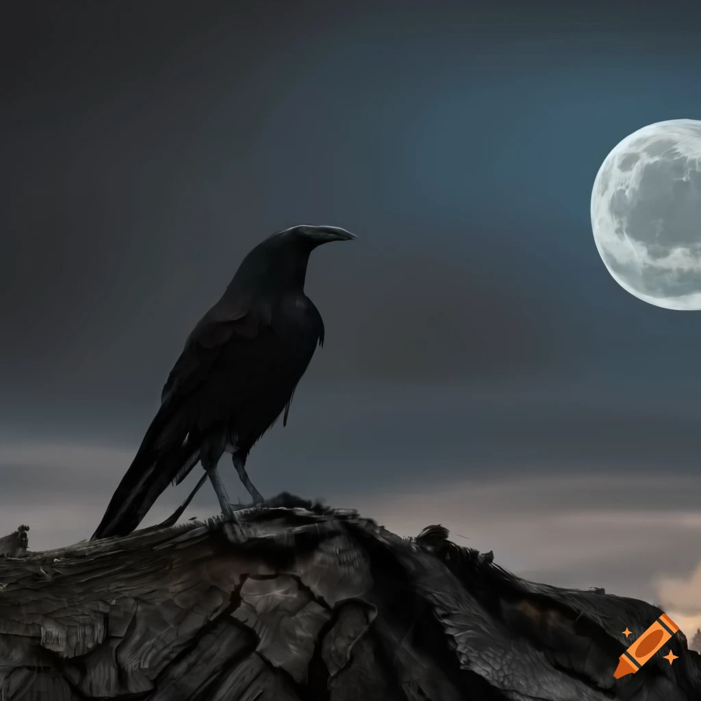 Raven perched on gnarled branch in moonlit misty forest on Craiyon