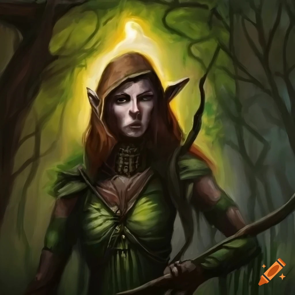 Oil painting of an elf ranger in a dark forest with a torch on Craiyon