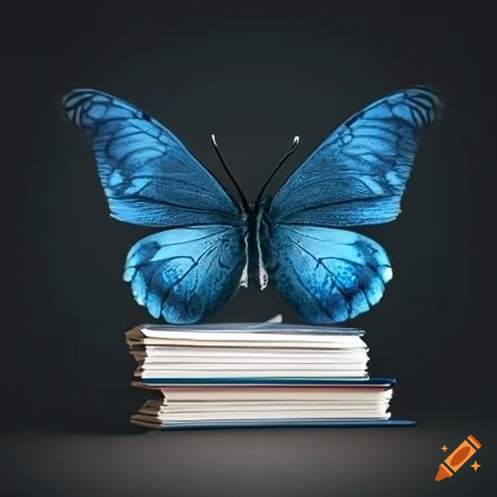 Blue butterflies in a library on Craiyon