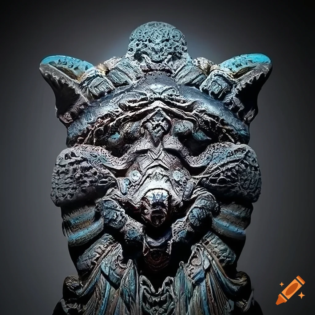 Detailed artwork of a moth werewolf carving