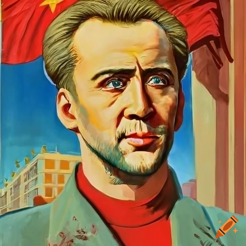 Nicholas cage portrait in soviet propaganda art style on Craiyon