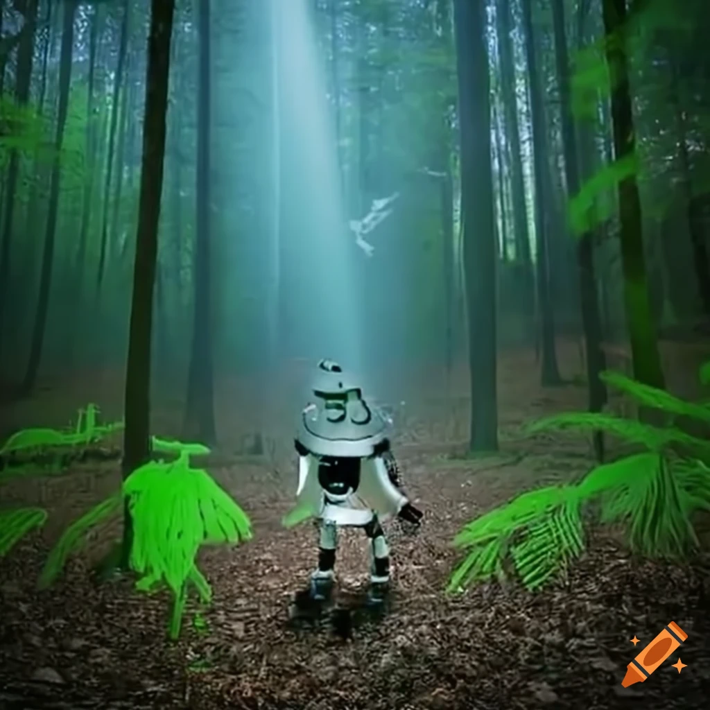 Sci-fi art of a disabled robot in a forest on Craiyon