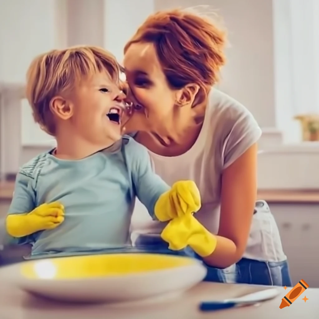Mother And Son Cleaning Dishes Together