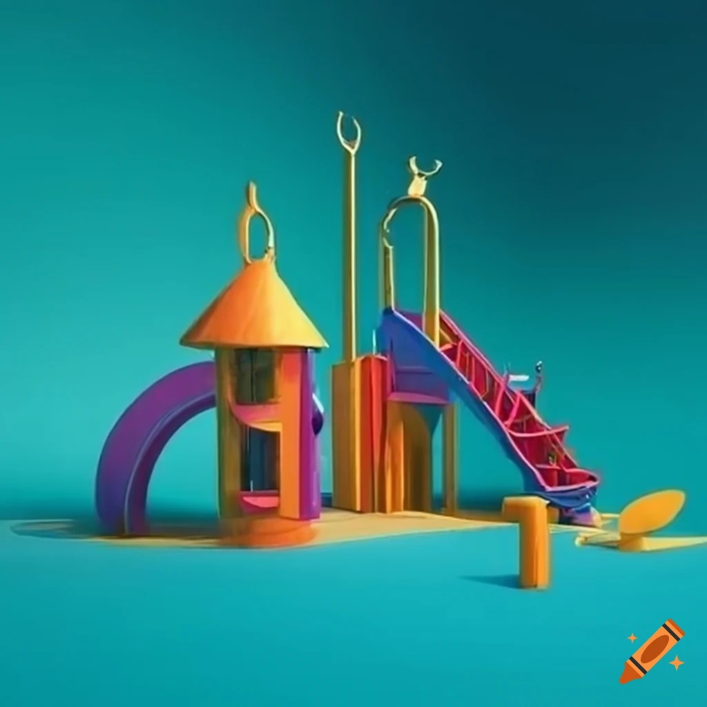Surrealist playground with colorful structures on Craiyon