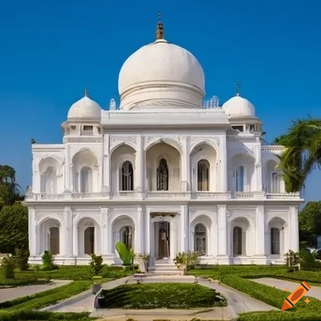 Front elevation of mahal white house in mediterranean architectural style on Craiyon