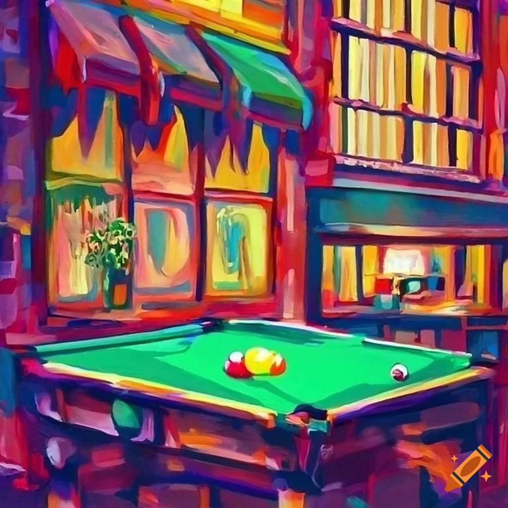 Colorful artwork of a pub with a pool table on Craiyon