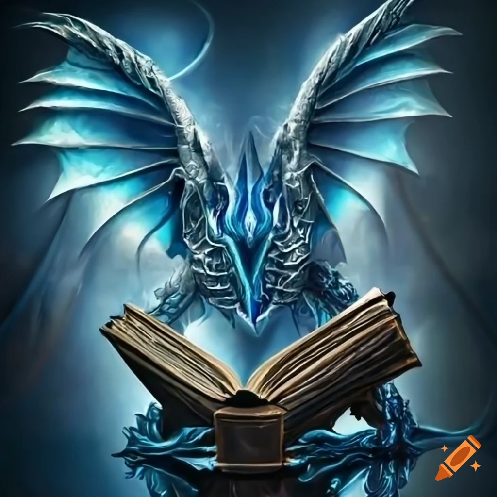 Abstract image of a winged dragon guarding a spell book