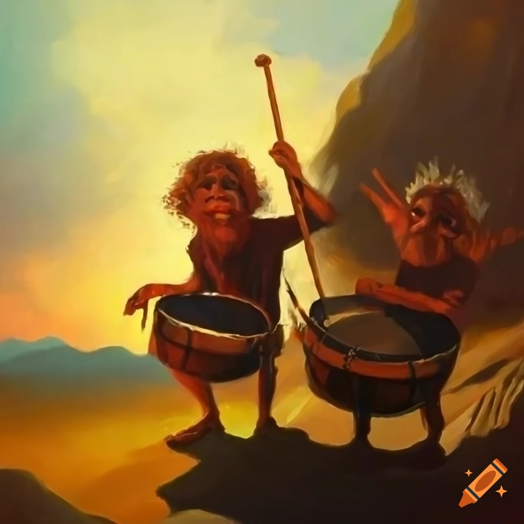 Oil painting of goblins playing bongos and drums in mountains at sunset ...