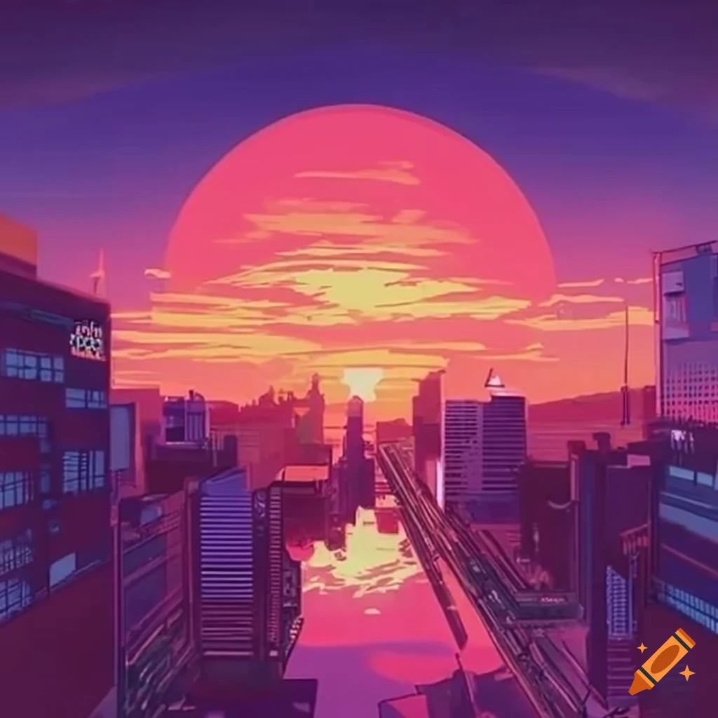 Lofi sunset in a retro cityscape on Craiyon