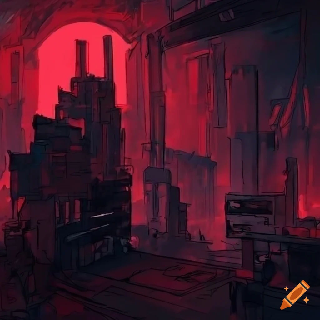 Red cyberpunk factory illustration on Craiyon