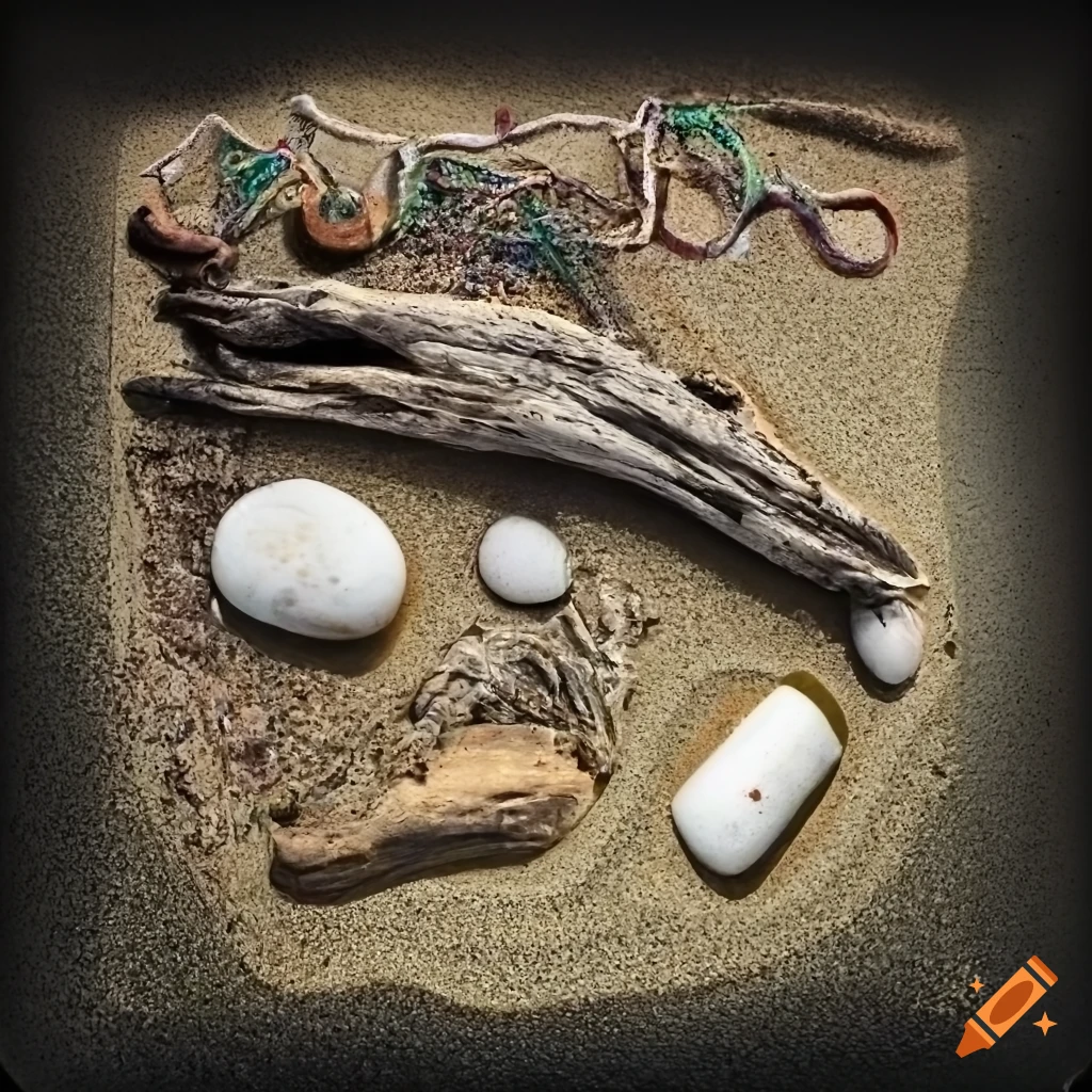 Sculpted still life artwork on a serene beach on Craiyon