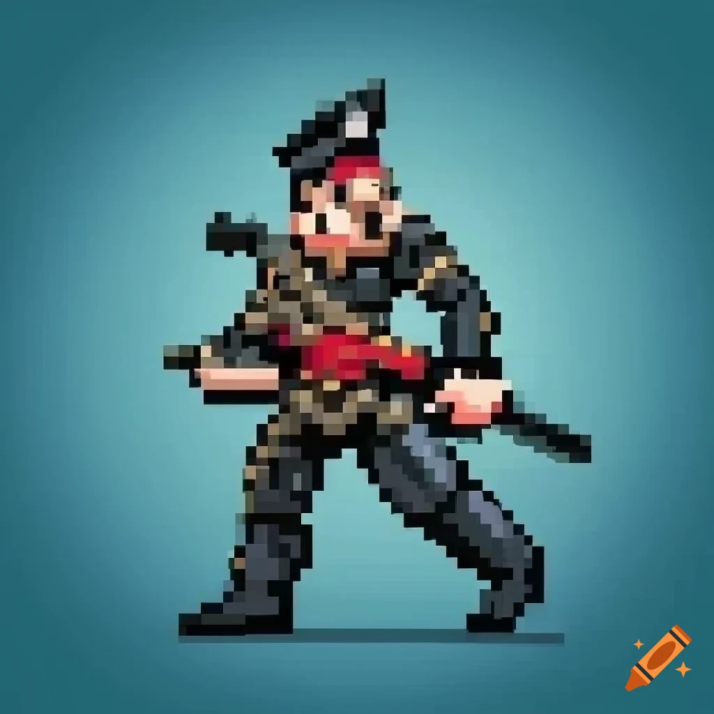 Pixel art of an army captain in dramatic battle stance on Craiyon