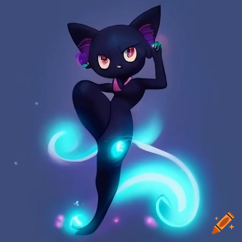Image of a female black cat Pokemon with glowing blue eyes on Craiyon