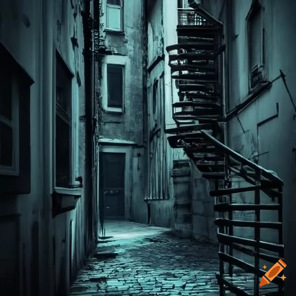 Nighttime view of an alley with open windows