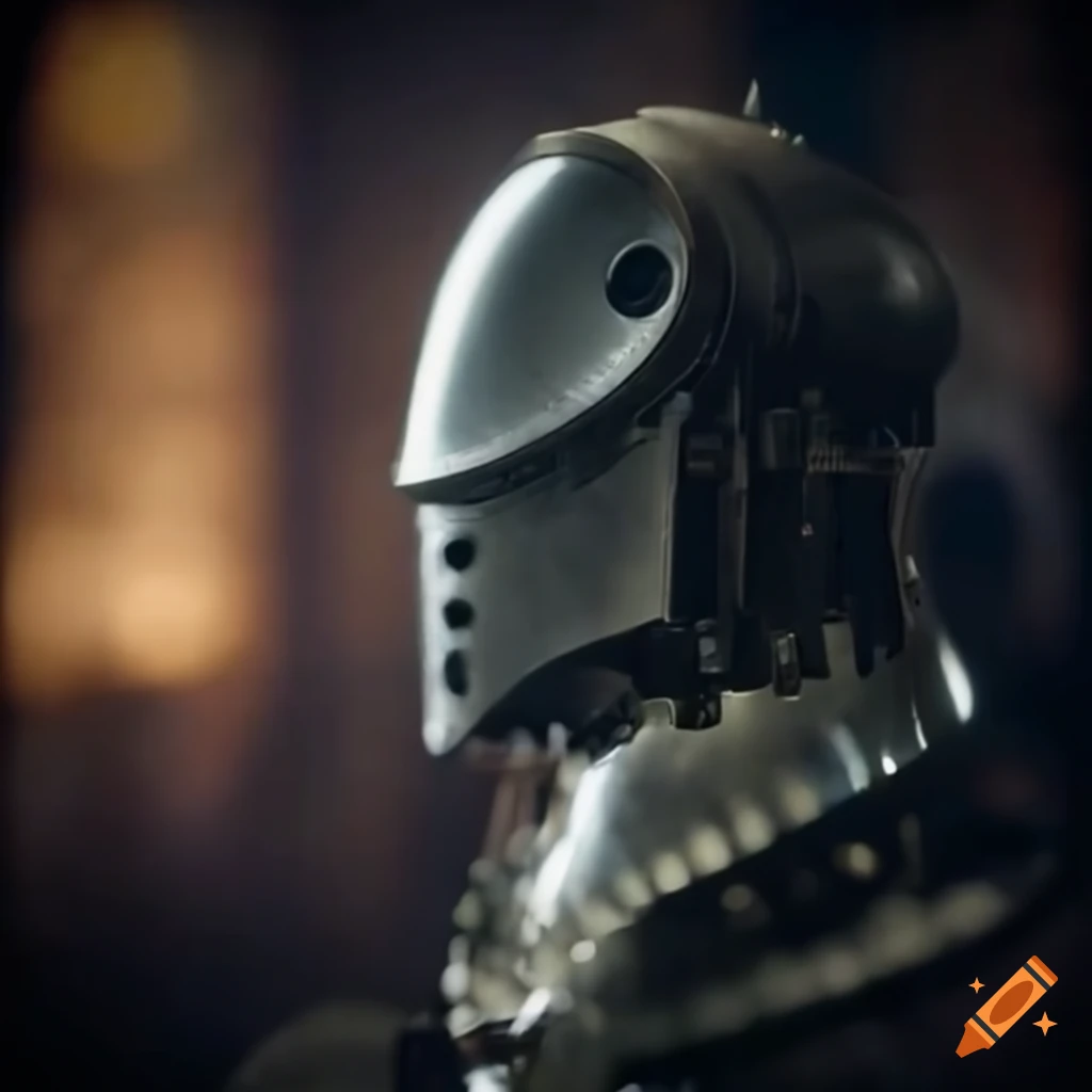 Cinematic still of a futuristic robotic warrior in medieval setting on ...