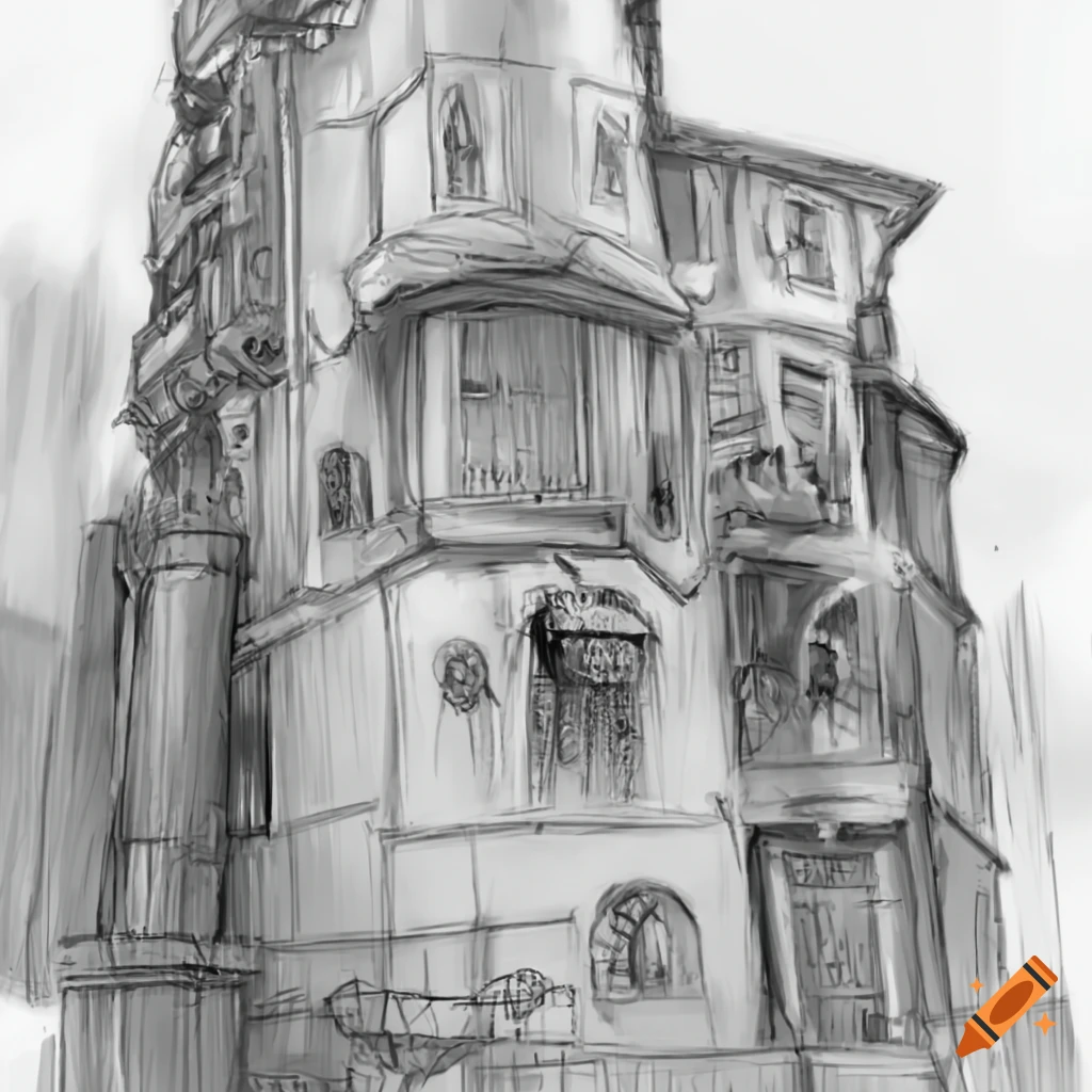 Greyscale drawing of two house-elves observing a large mansion on Craiyon