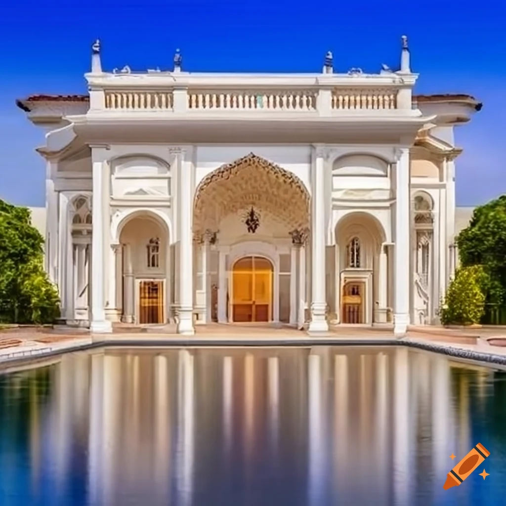 Frontal view of mahal white house in mediterranean architectural style