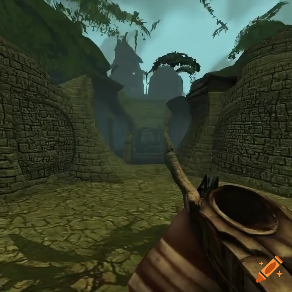 Screenshot of a jungle town in a first person rpg on Craiyon