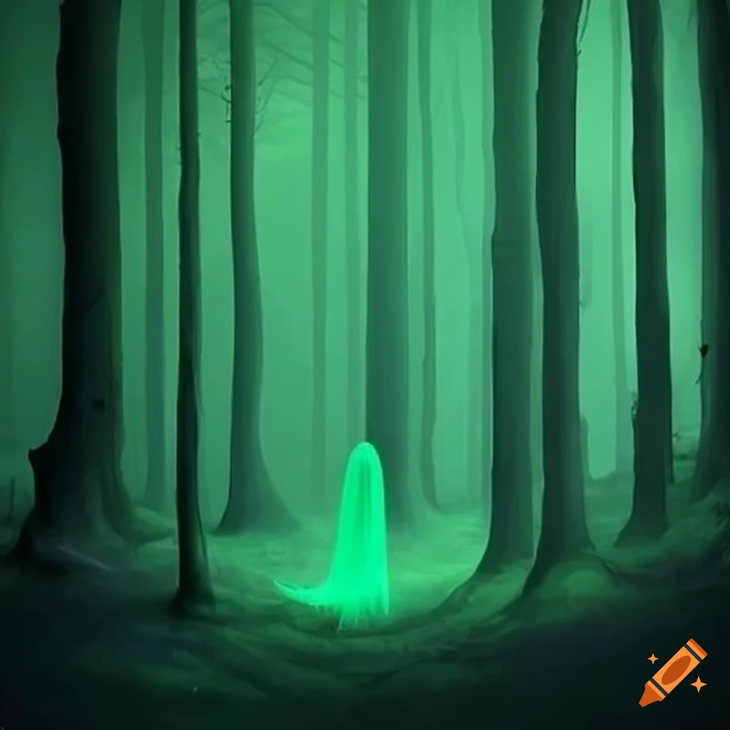 Green Ghost in the forest at dusk on Craiyon