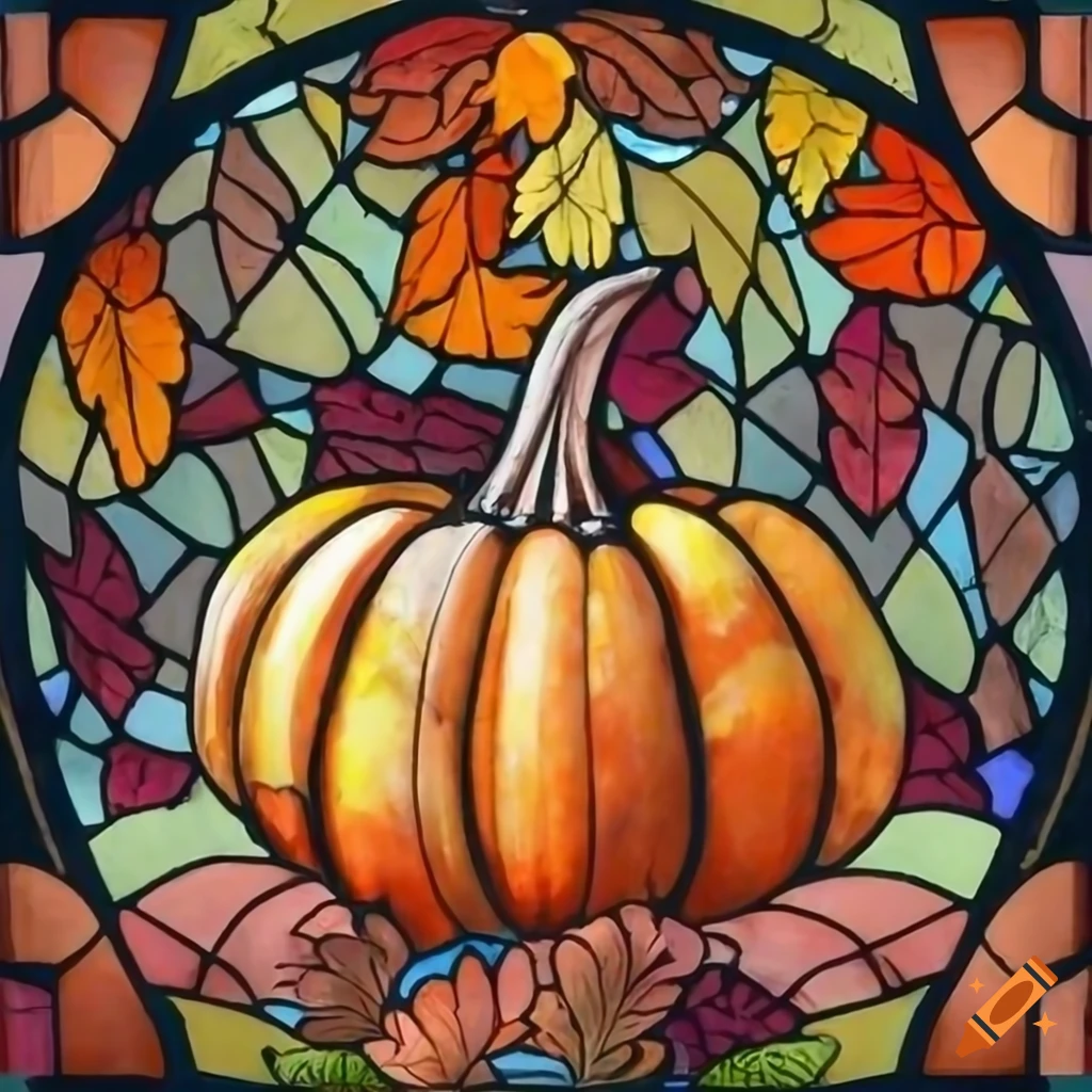 Autumn stained glass with pumpkins and leaves on Craiyon
