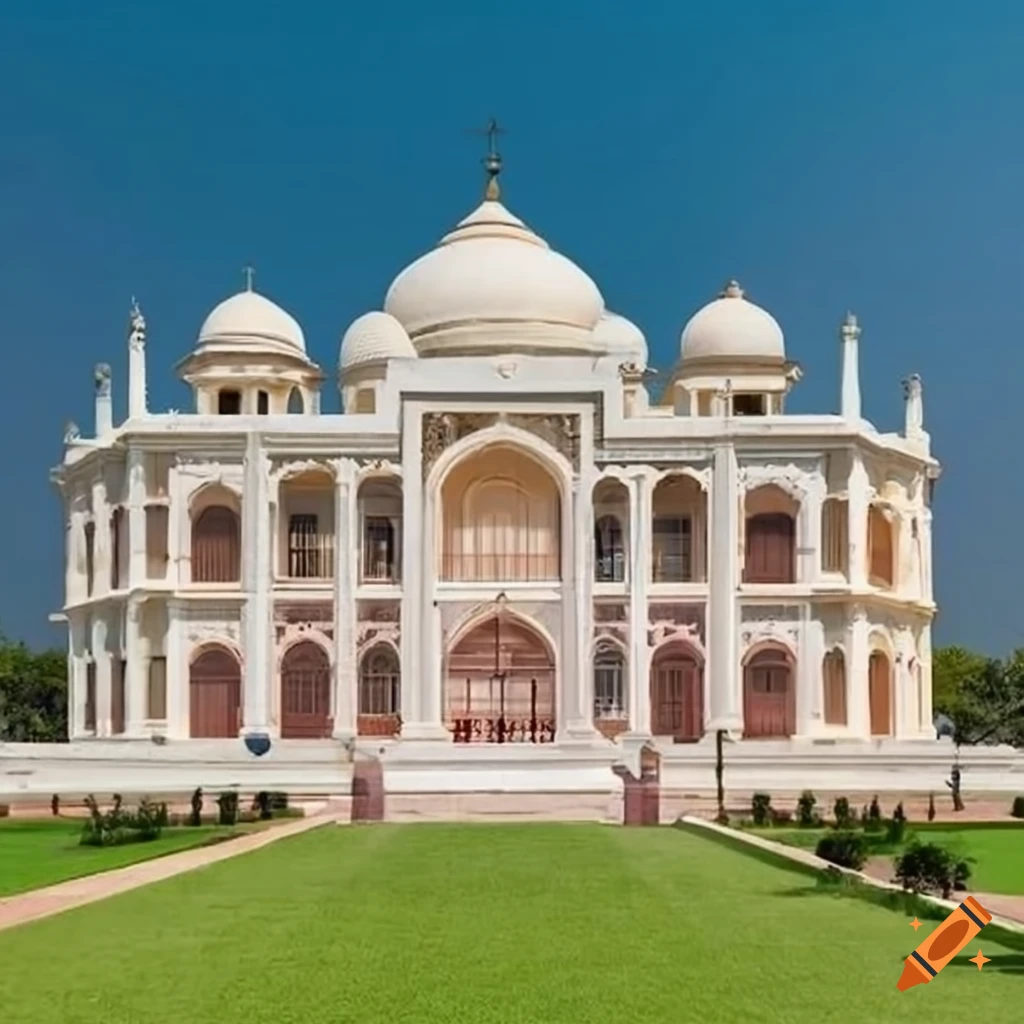 Frontal view of mahal white house in mediterranean architectural style ...