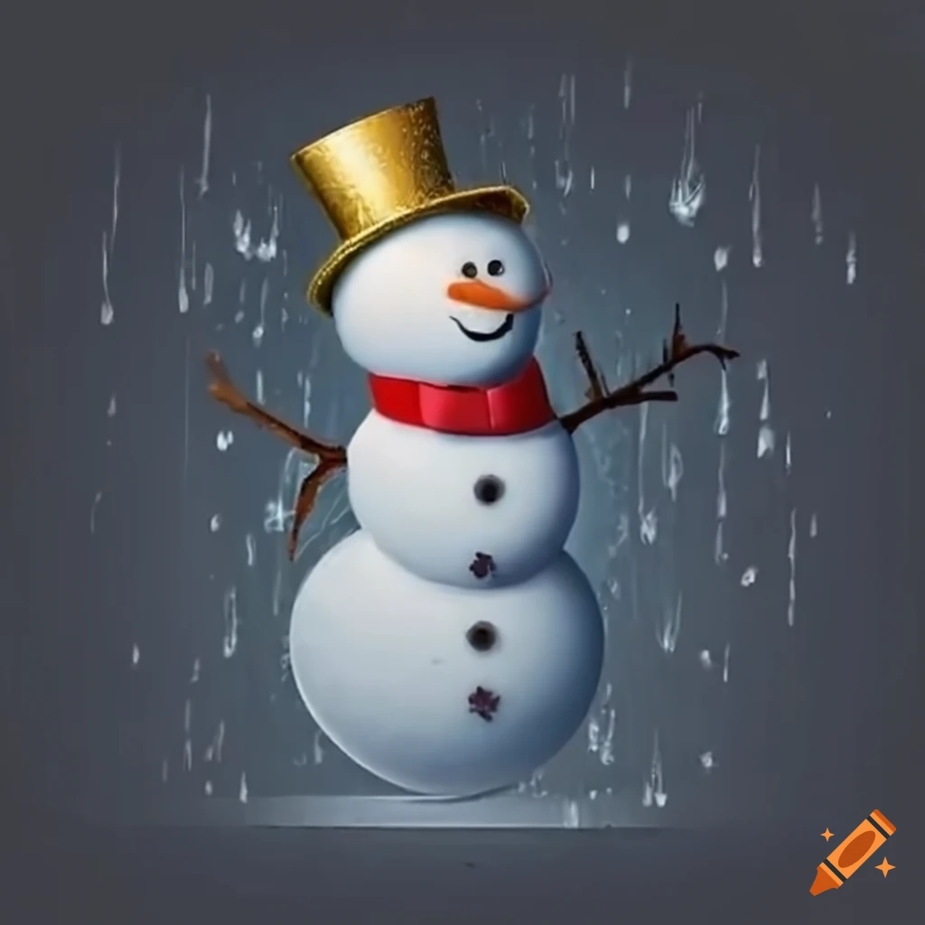 Snowman dancing in the rain with a gold hat
