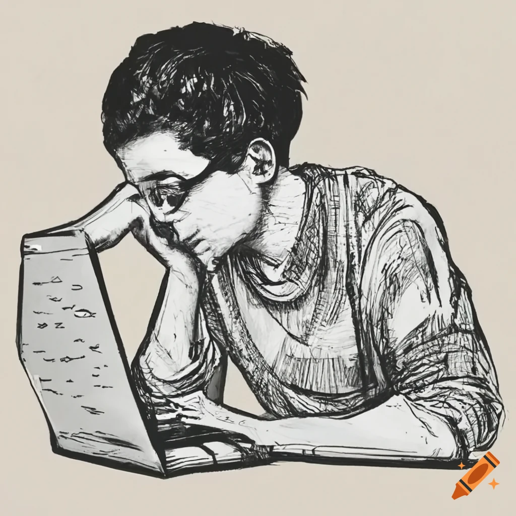 Sketch-style depiction of a guy doing homework on a computer on Craiyon