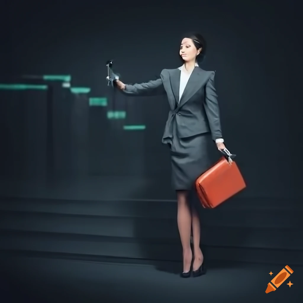 Hyper realistic image of a business woman climbing a bar graph in the ...