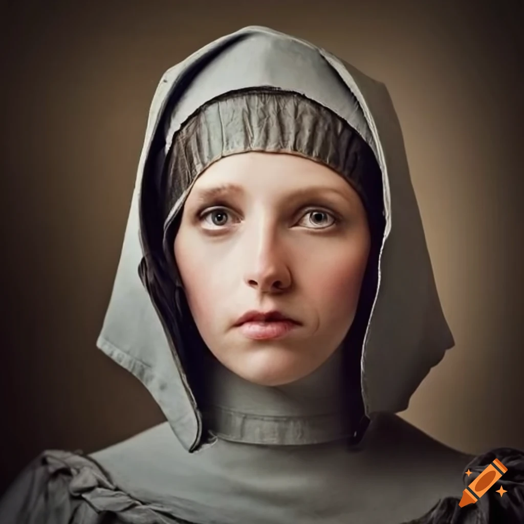 Medieval pilgrim woman in a gray bonnet
