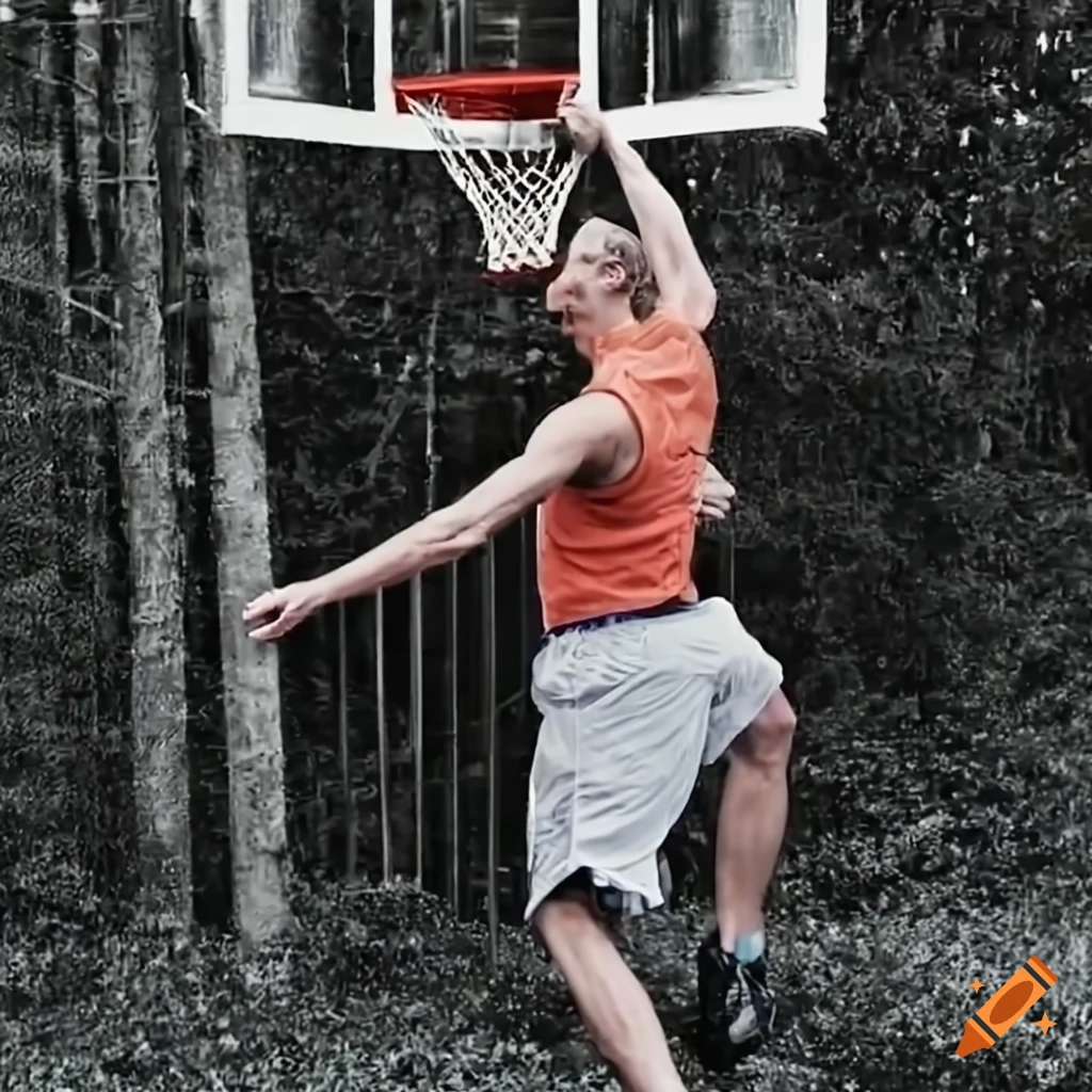 Middle-aged man performing a slam dunk