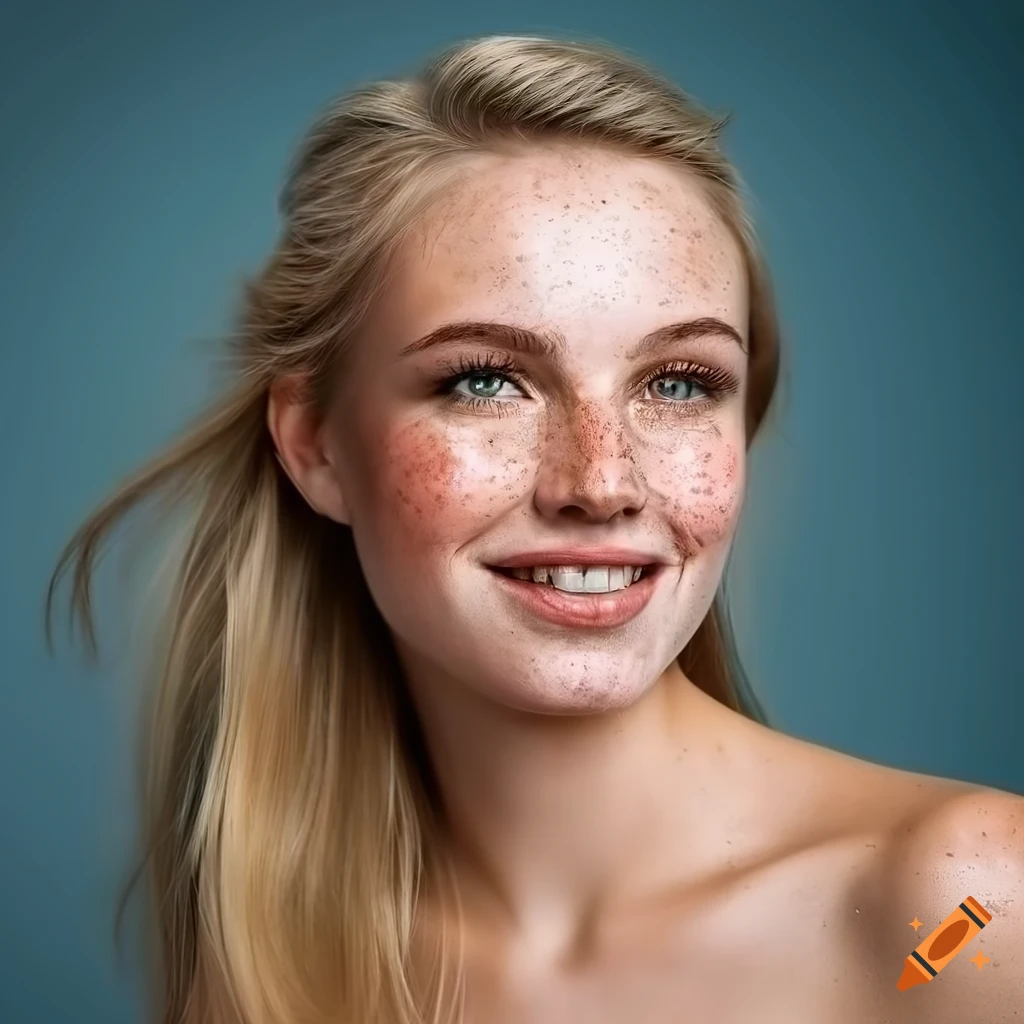 Portrait of a beautiful young woman with freckles and light blonde hair ...