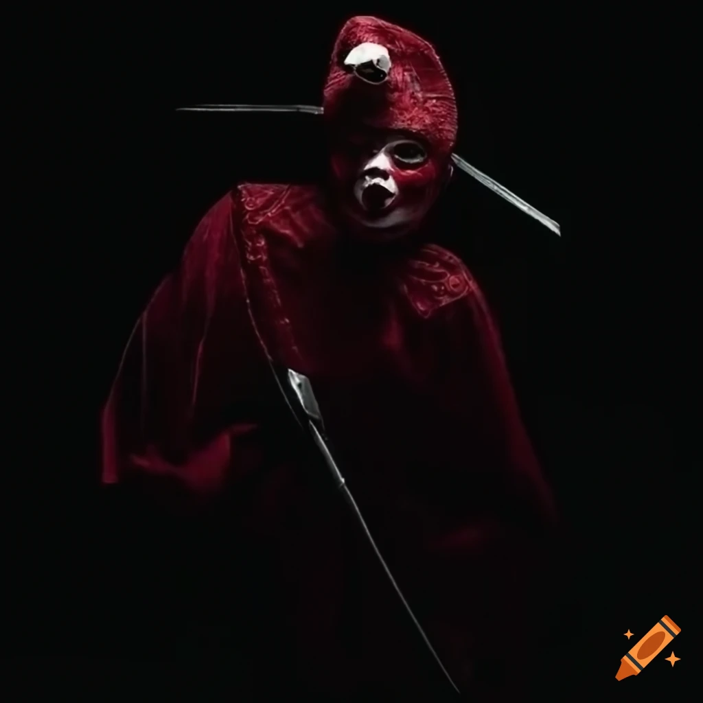 Masked jester with a rapier in the shadows on Craiyon