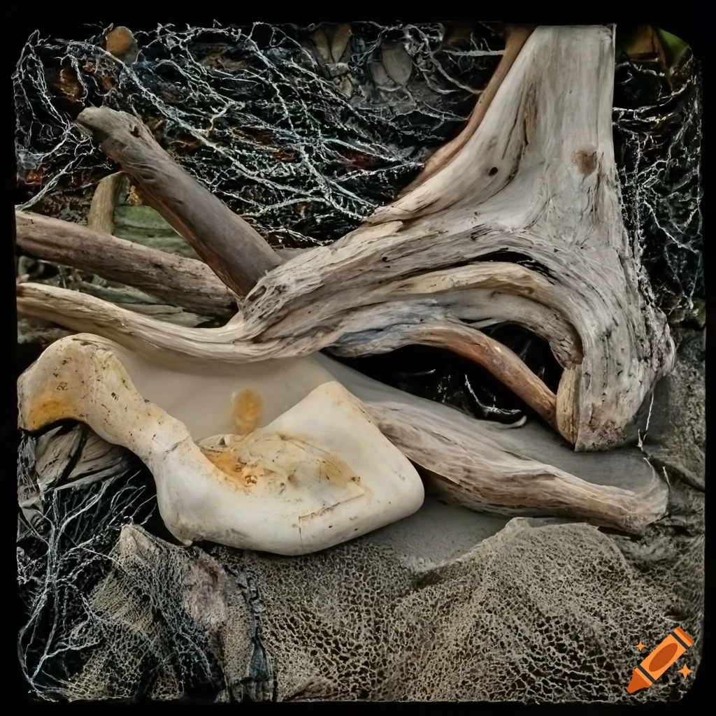 Sculpted still life of driftwood and seaweed on a beach on Craiyon