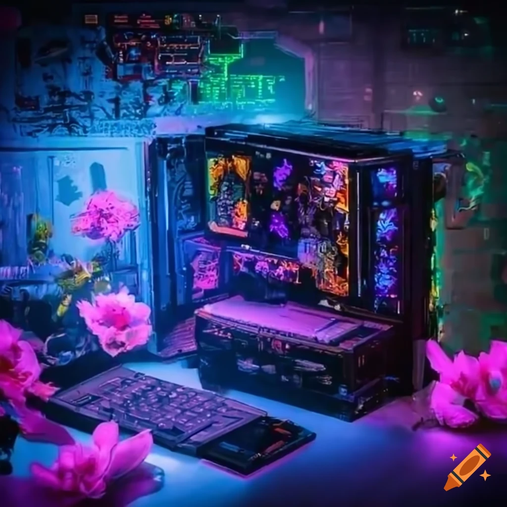 Cyberpunk computers in space with blooming flowers and beer