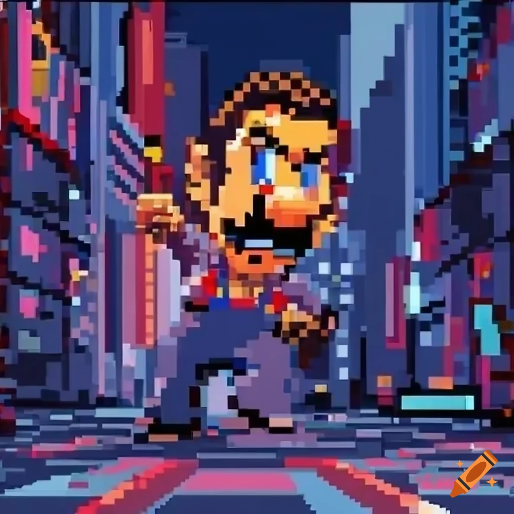 Pixel art of Kazuma Kiryu fighting the Mario Brothers in a cityscape on ...