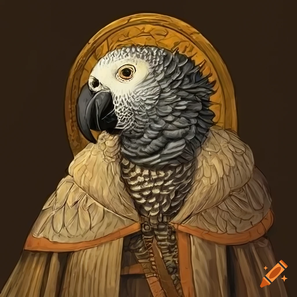 Illustration of an anthropomorphic african grey parrot in cleric attire ...
