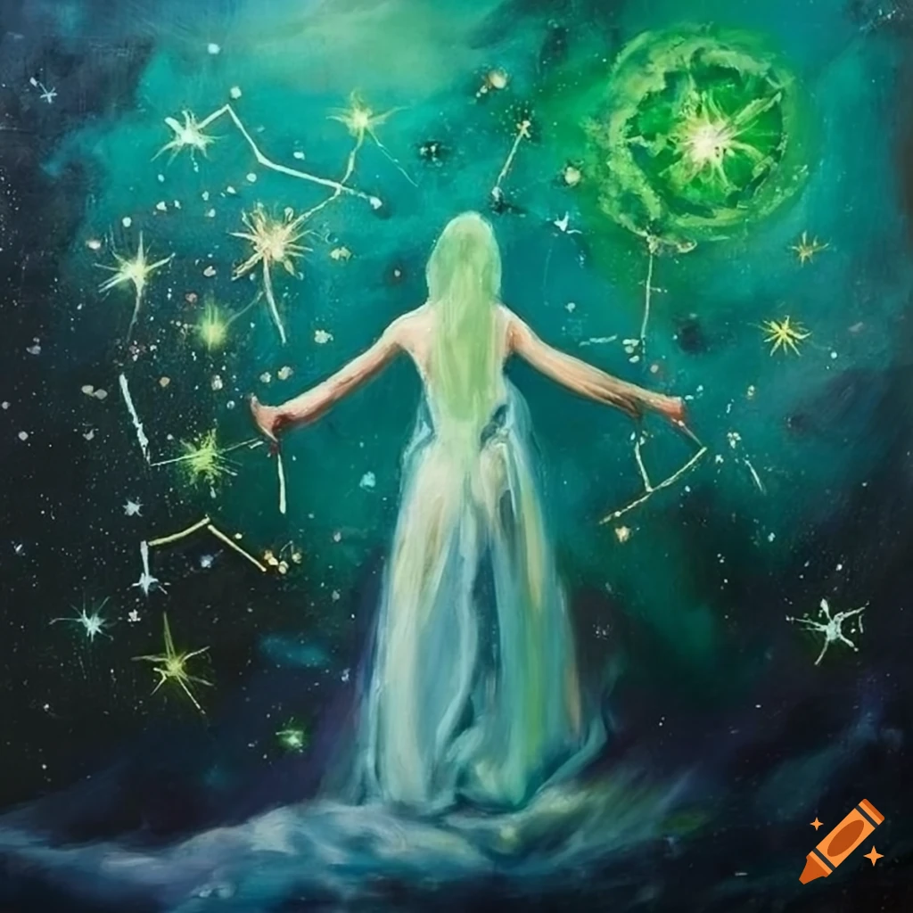 Oil painting of a witch-shaped constellation in the green cosmos