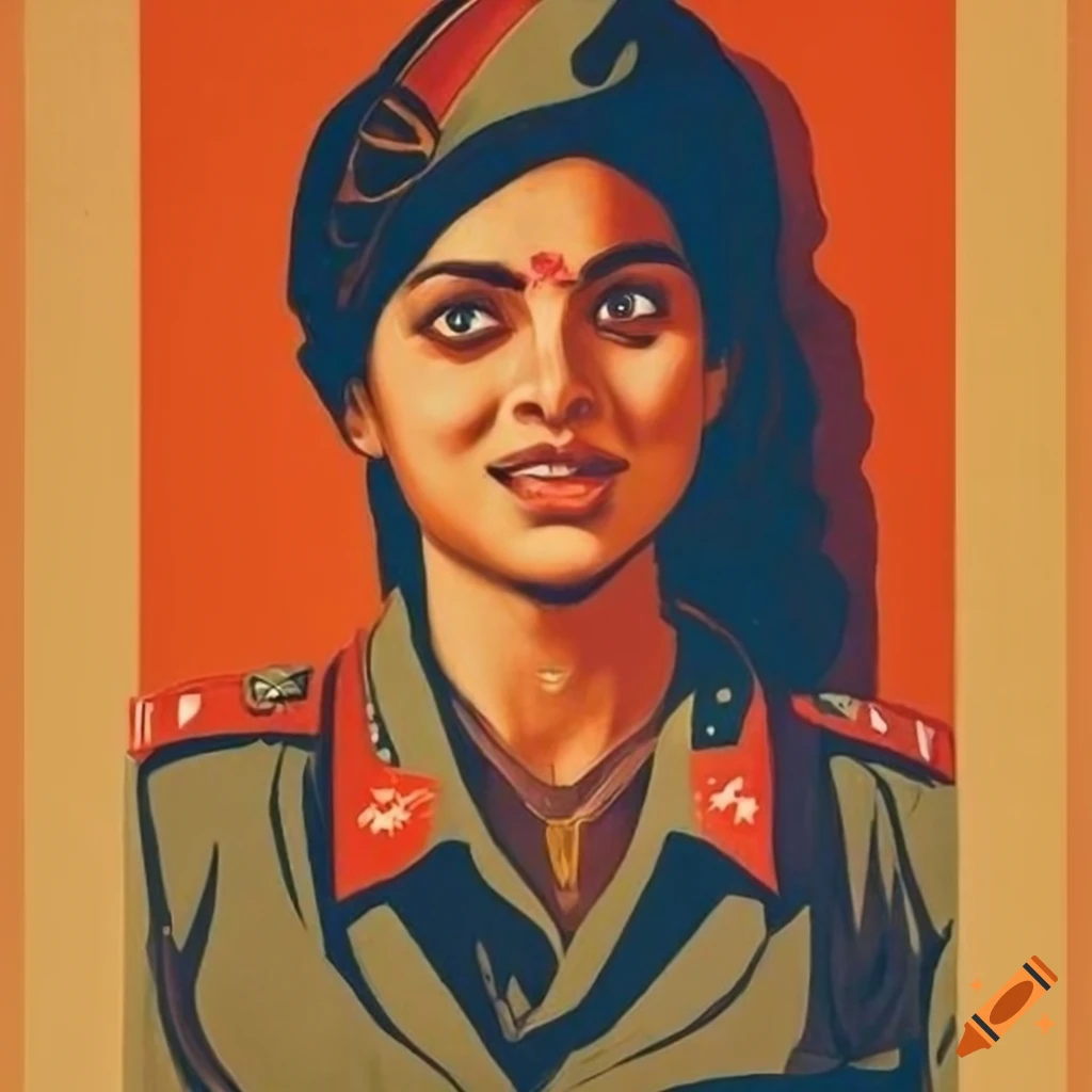 Soviet style propaganda poster of a smiling indian woman in uniform on ...